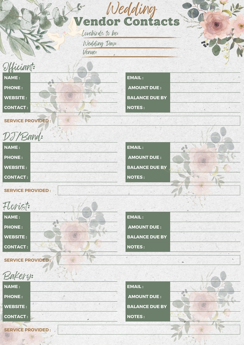 Editable Canva Wedding Contact List - Etsy
