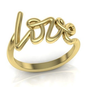 14K Gold Script Love Ring \ Silver Ring - Etsy