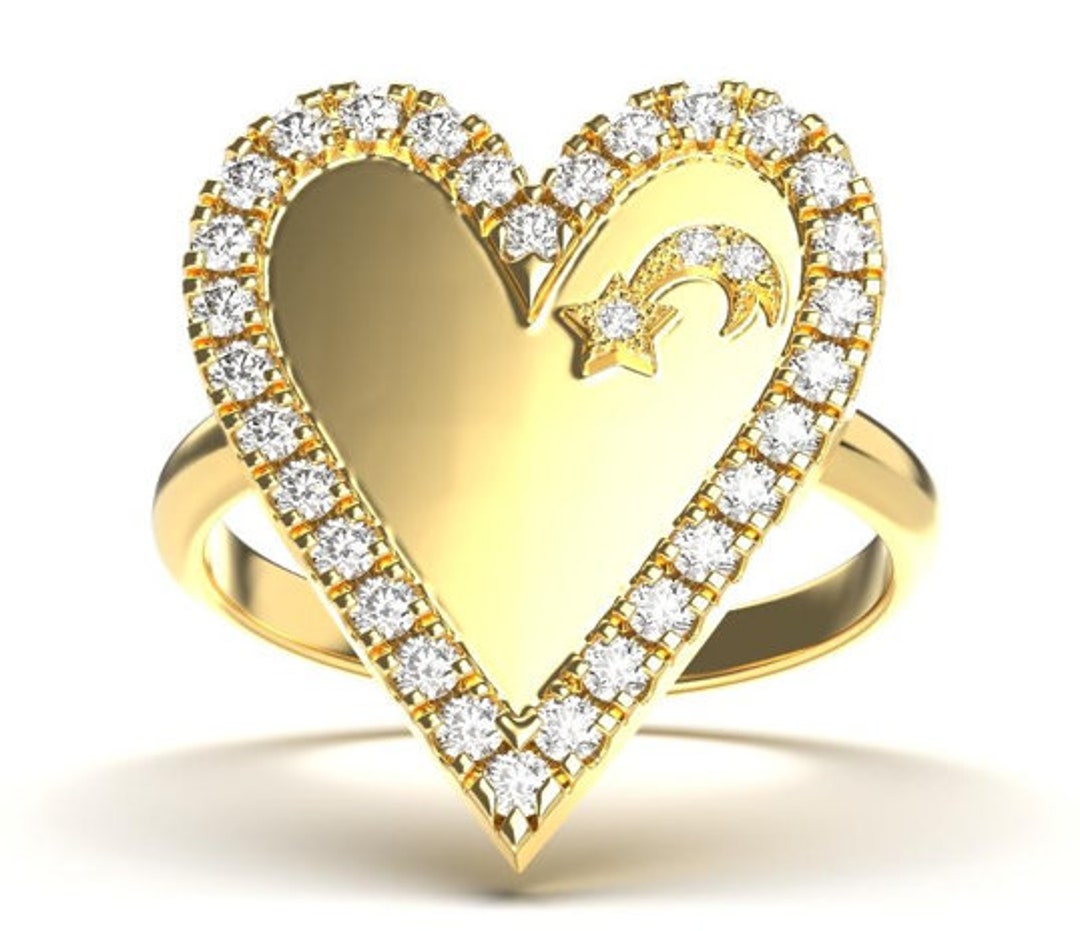 Diamond Heart Ring Falling Star Exclusive Design Pave Heart Elongated ...