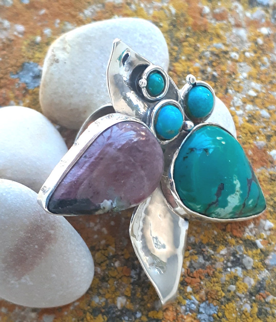 Spring Ring, Turquoise, Natural Rubi, Silver Leaves, Nature. - Etsy