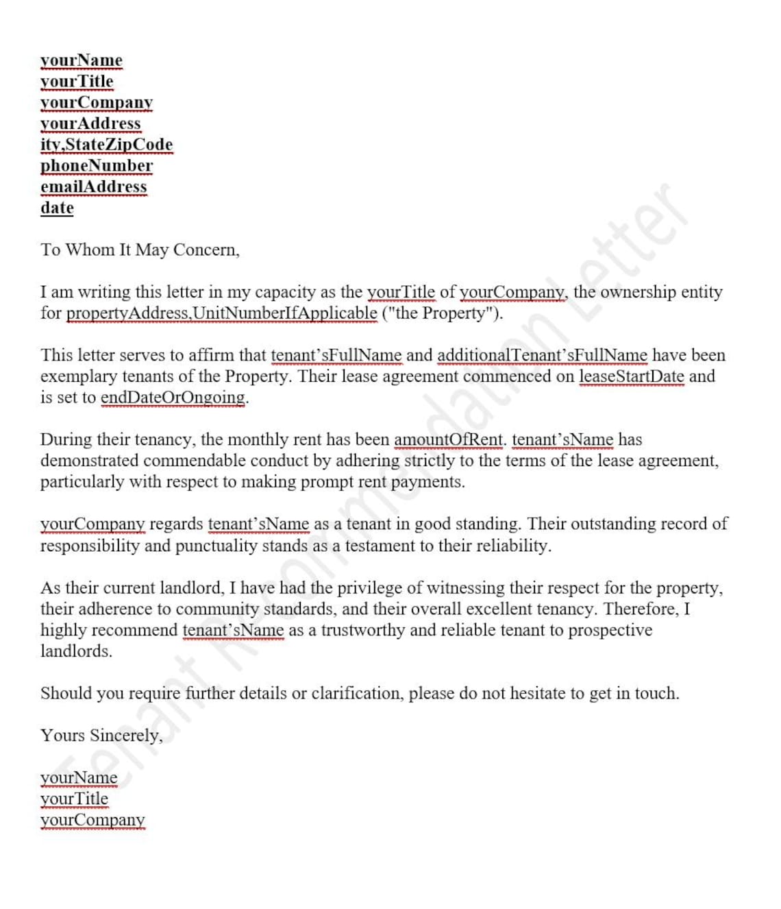 Tenant Recommendation/referral Letter, Rental Reference Letter for ...
