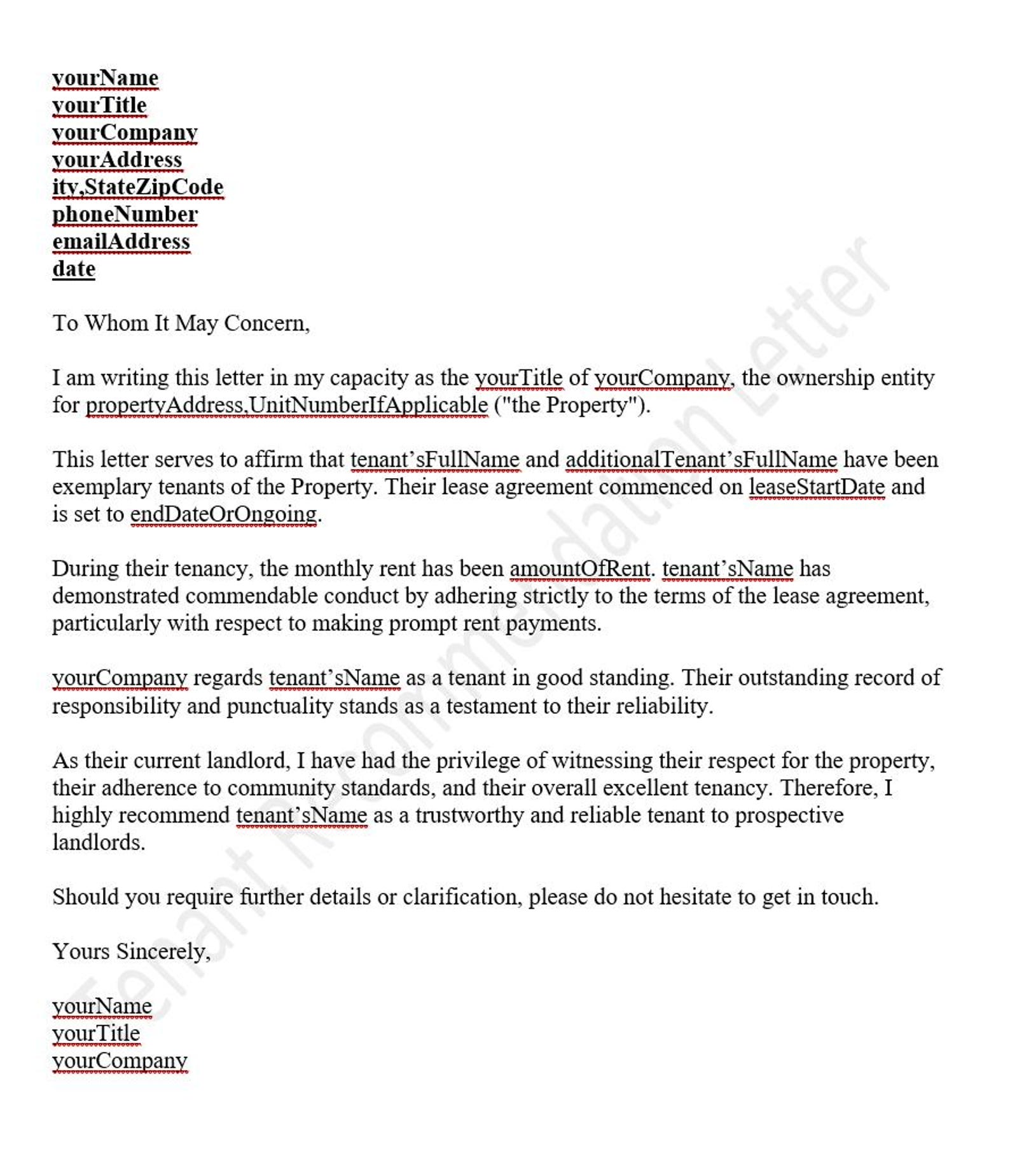 Tenant Recommendation/referral Letter, Rental Reference Letter for ...