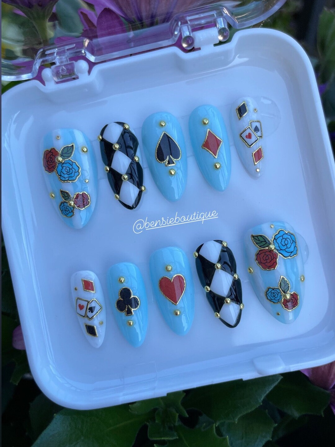 Handmade Checkerboard Press on Nails: Pastel Flowers, Gold Studs - Etsy