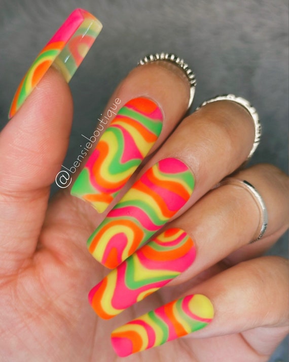 Summer Swirl Trippy Nails Retro Nails Neon Nails Summer Nails Spring Nails Bright Nails Colourful Nails Press on Nails Etsy