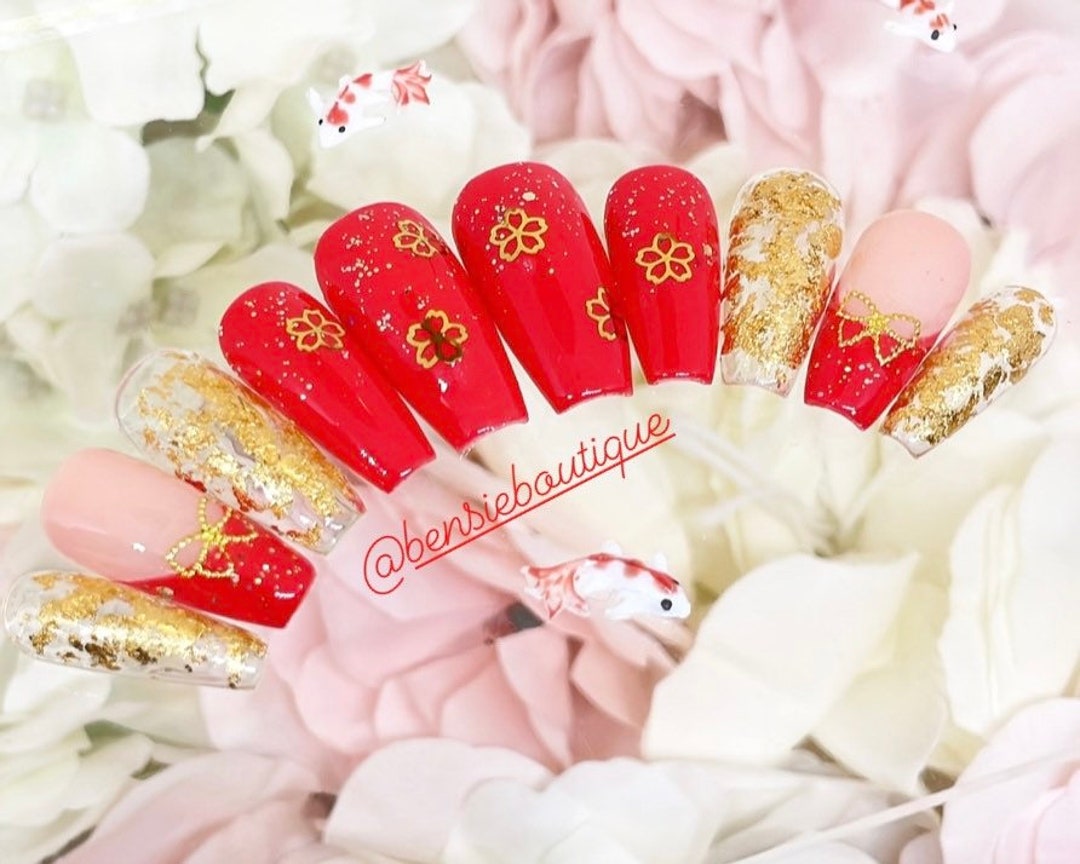 Red and Gold Press on Nails Hand Painted Ornate Nails Bow Tie Gold ...