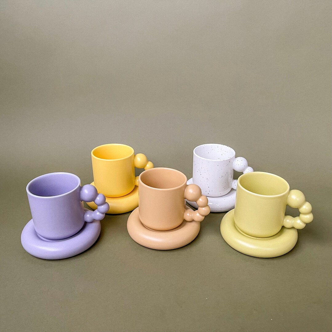Minimalist Chubby Puffy Ball Handle Modern Coffee Mug With Matching ...
