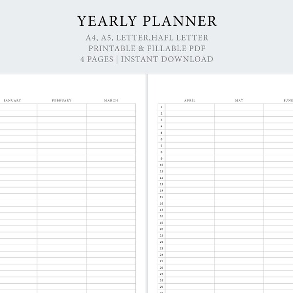 Half Year Yaerly Planner 2 Page Printable Pdf_fillable Pdf_annual ...