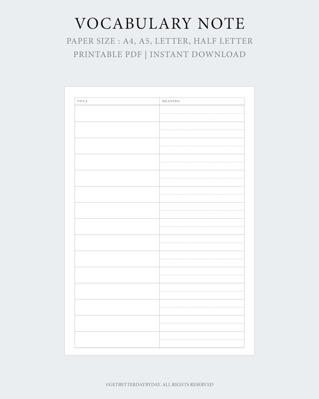 Printable Vocabulary Note_language Learning_instant Download_printable ...