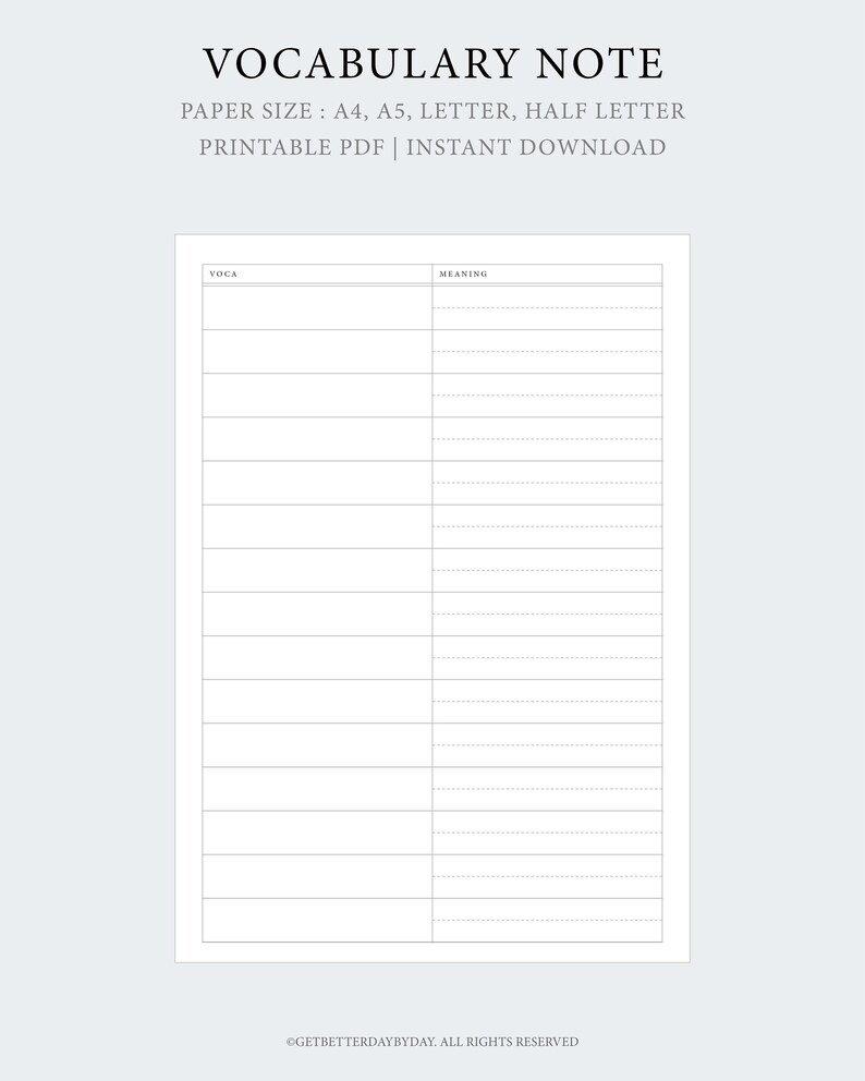 Printable Vocabulary Note_language Learning_instant Download_printable ...