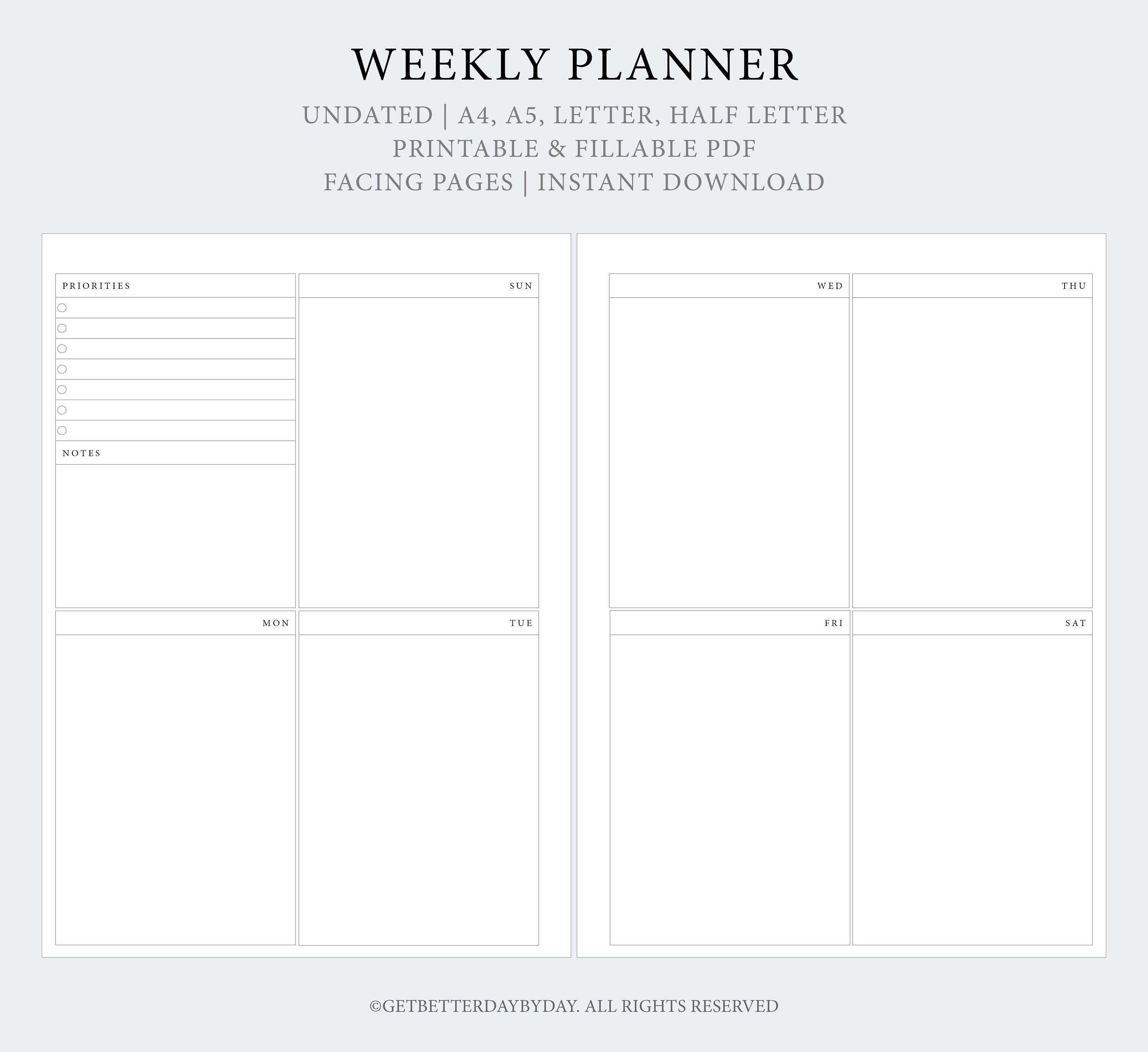Simple Undated Printable Weekly Planner_fillable Pdf_planning - Etsy