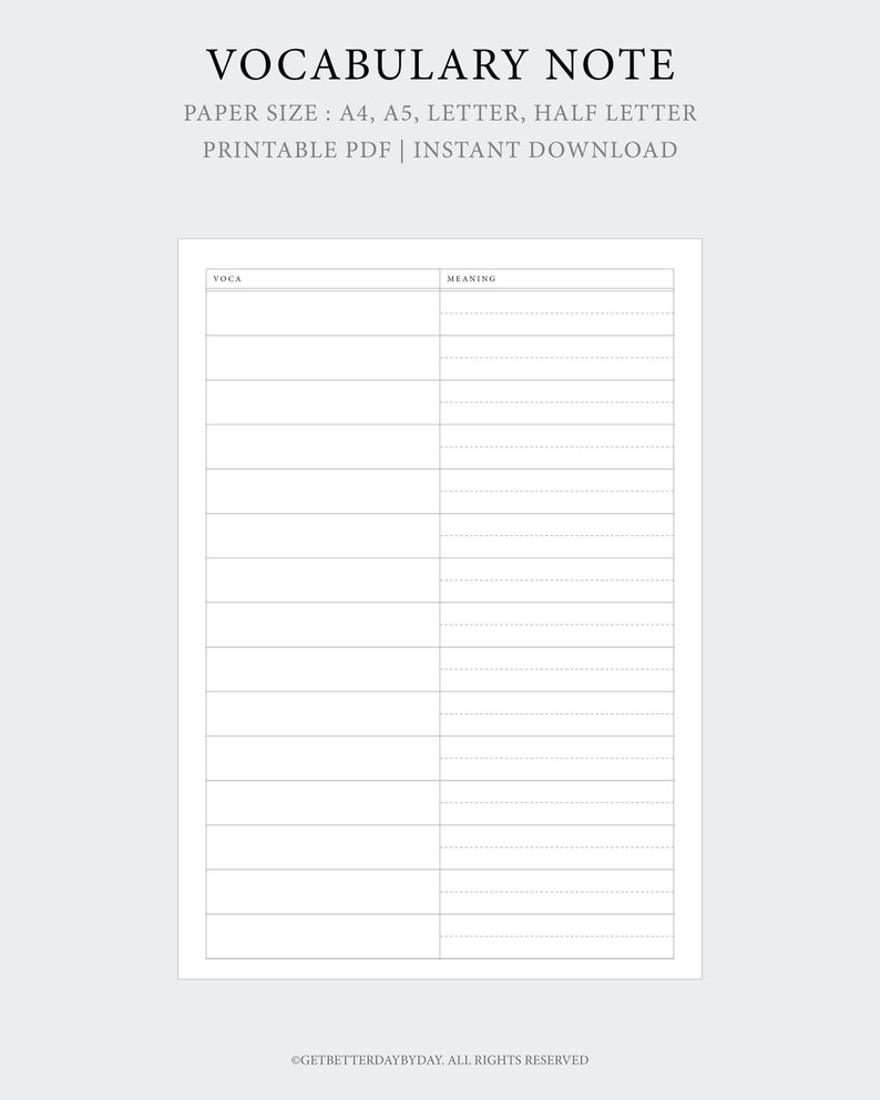 Vocabulary Lined Note_printable Pdf_voca Study Note_vocabulary Template ...