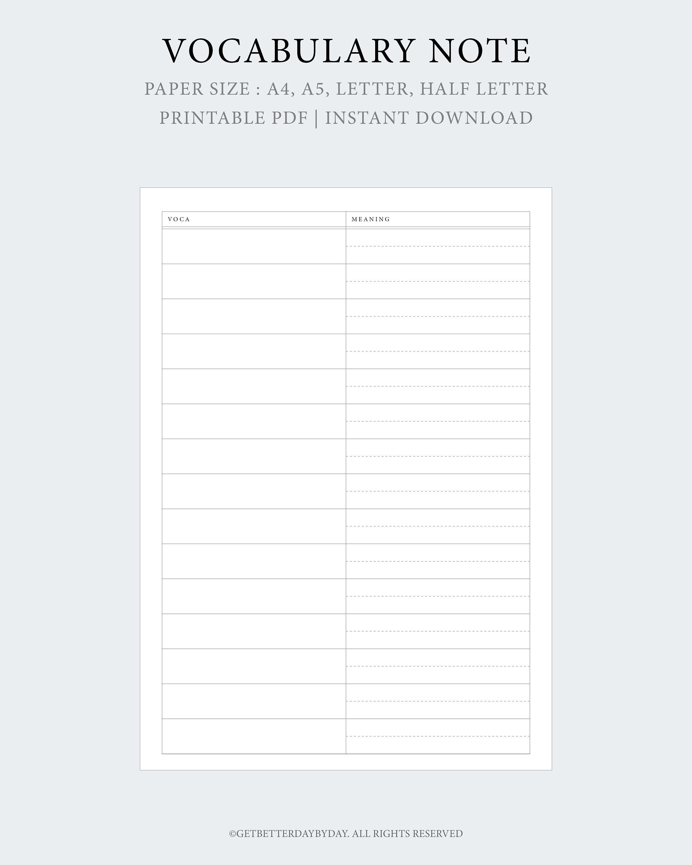 Vocabulary Lined Note_printable Pdf_voca Study Note_vocabulary Template_lined Sheets_lined Note ...