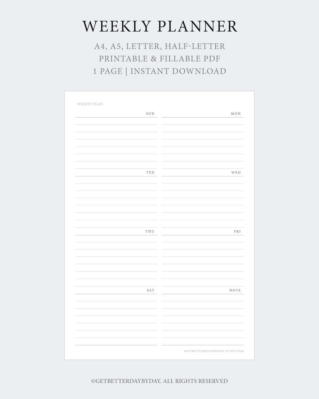 Minimal Weekly Planner | Printable Schedule | Fillable PDF | Week at a ...