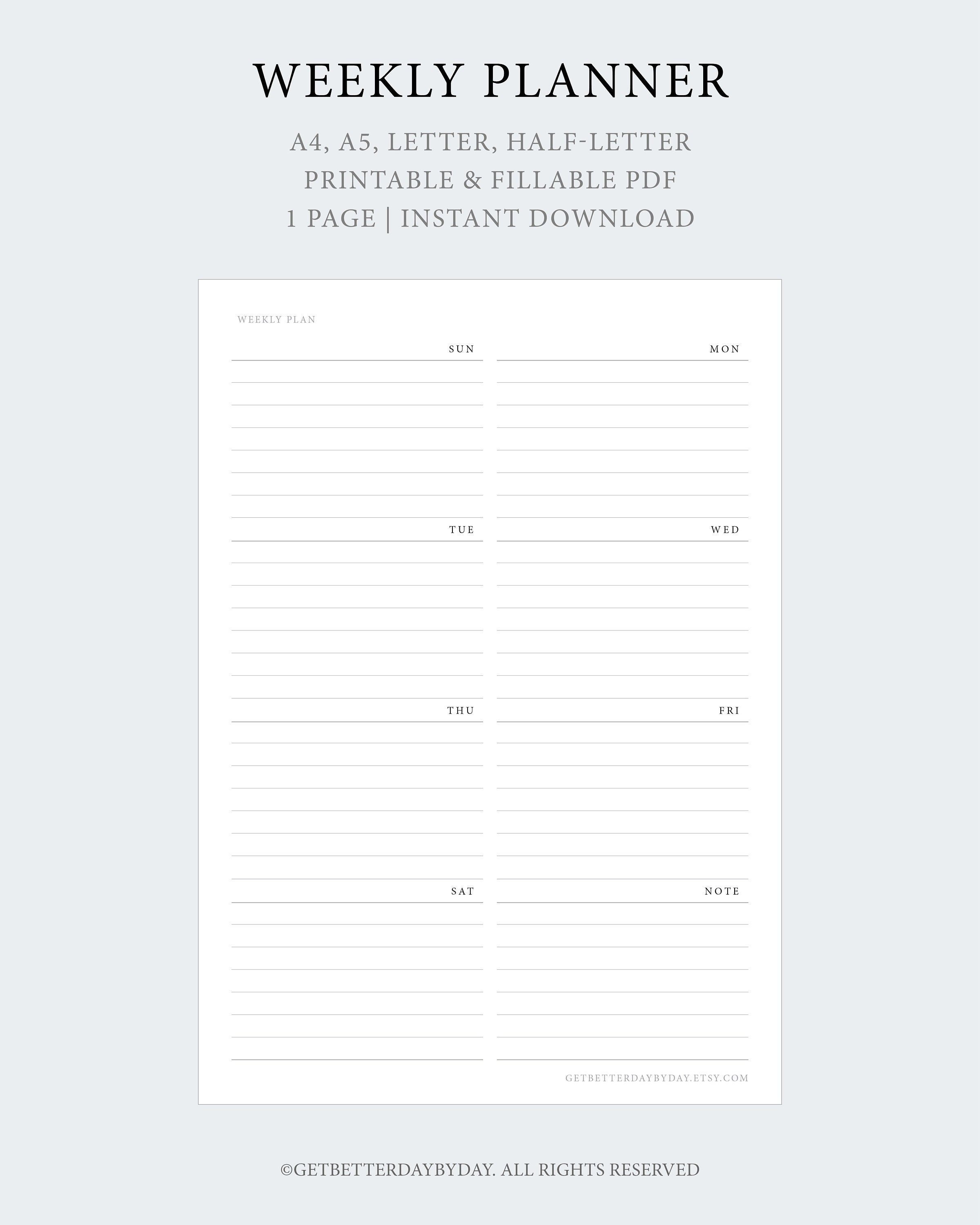 Minimal Weekly Planner | Printable Schedule | Fillable PDF | Week at a ...
