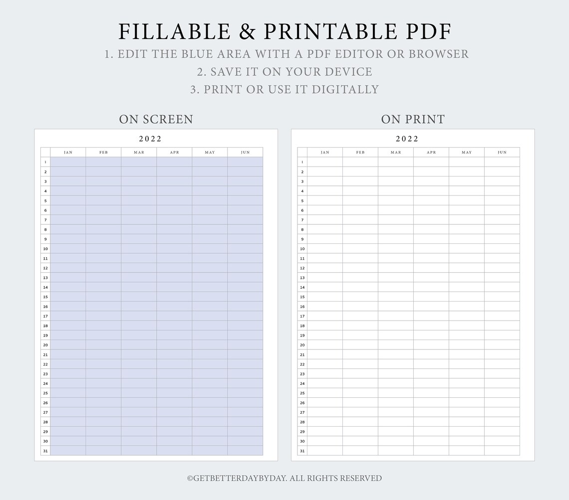 Half Year Yaerly Planner 2 Page Printable Pdf_fillable Pdf_annual ...