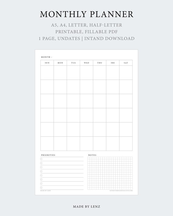 Printable Undated Monthly Planner Editable and Fillable PDF | Etsy