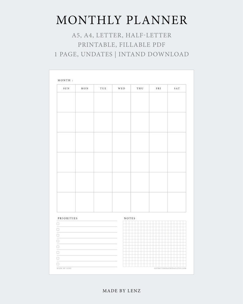 Printable Undated Monthly Planner | Editable and Fillable PDF | One ...