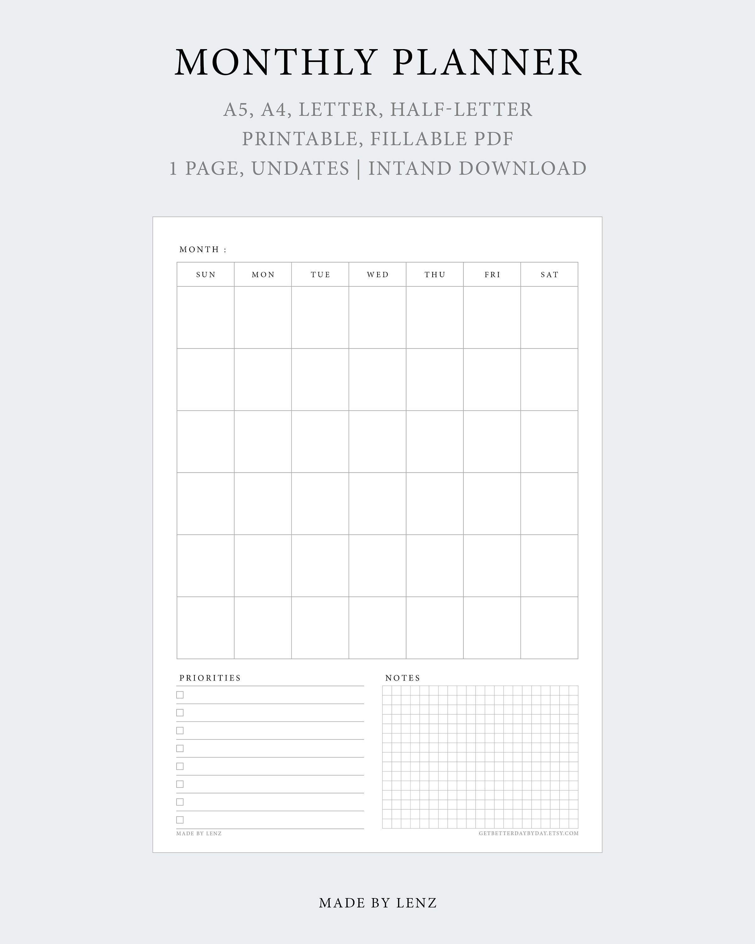 Printable Undated Monthly Planner | Editable and Fillable PDF | One ...