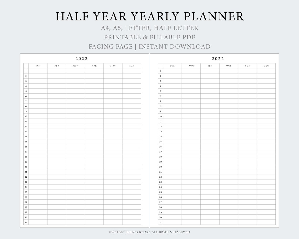 Half Year Yaerly Planner 2 Page Printable Pdf_fillable Pdf_annual ...