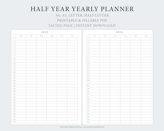 Half Year Yaerly Planner 2 Page Printable Pdf_fillable | Etsy