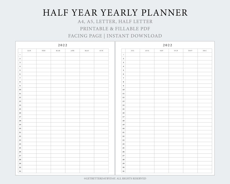 Half Year Yaerly Planner 2 Page Printable Pdf_fillable Pdf_annual ...