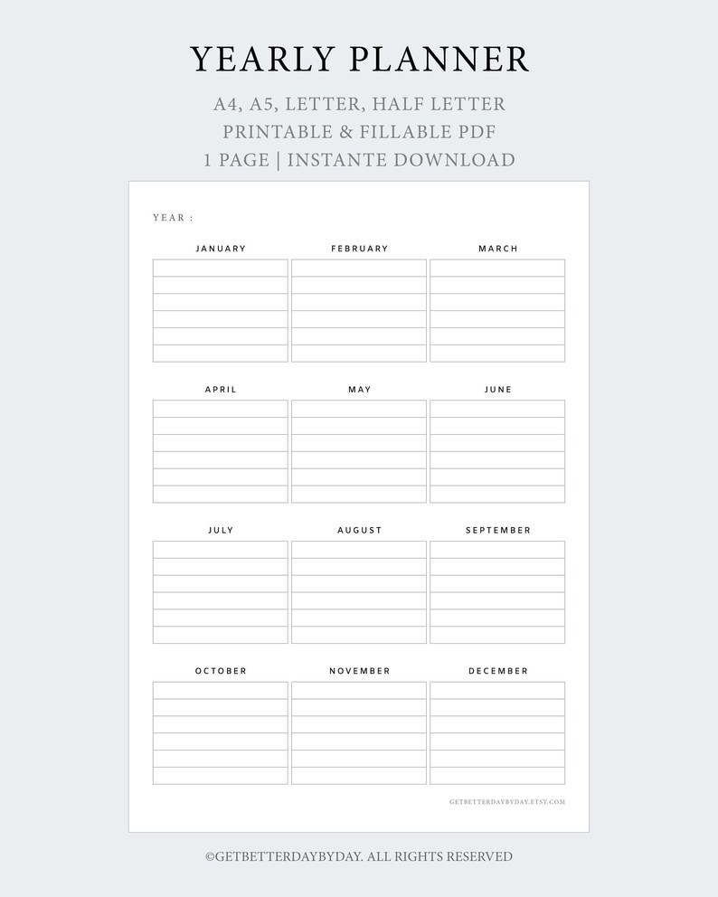 Main Schedule Yearly Planner_printable Planner_fillable Pdf_undated ...