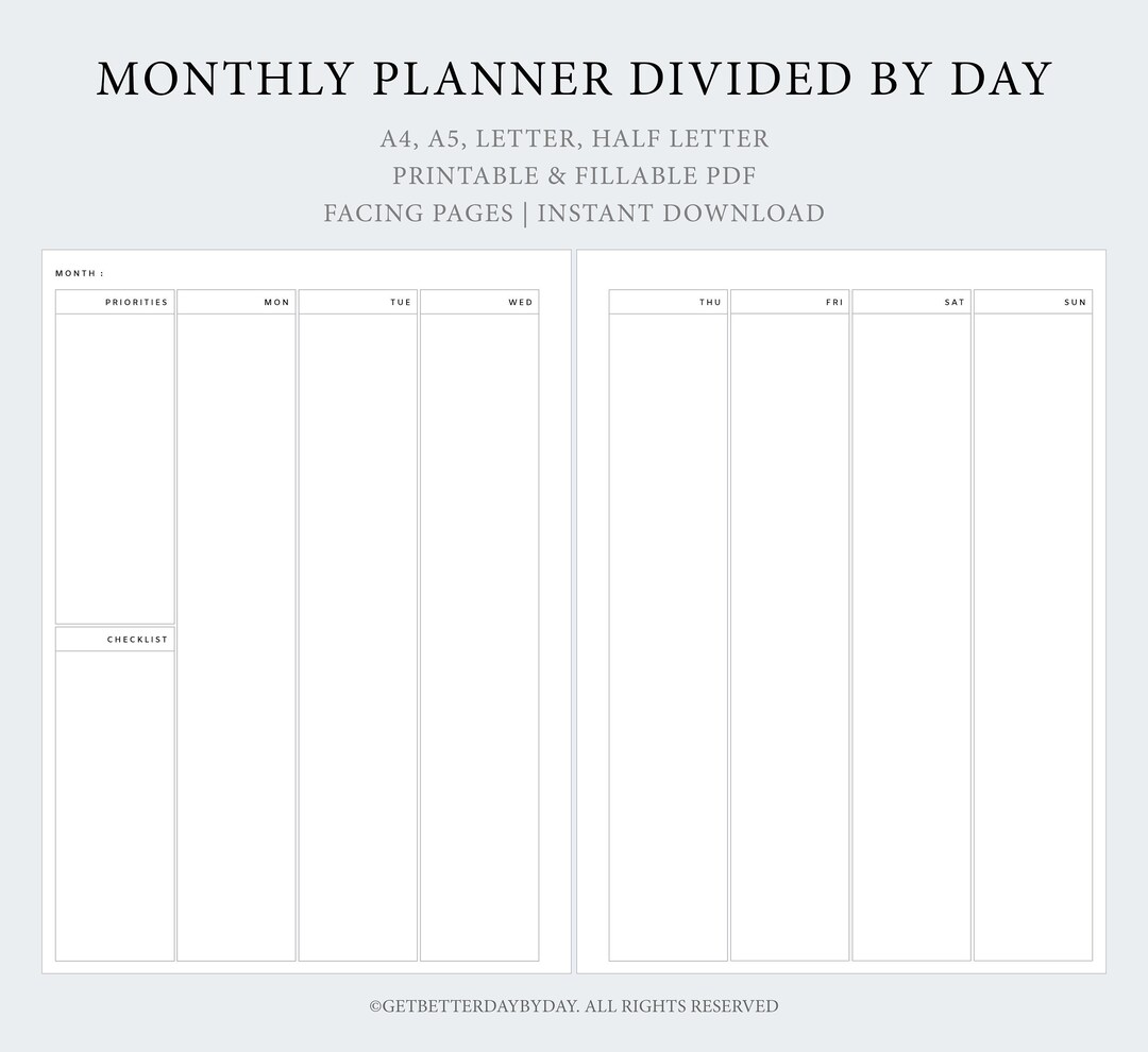 Facing Pages Undated Monthly Planner Divided by Day Without a Line ...