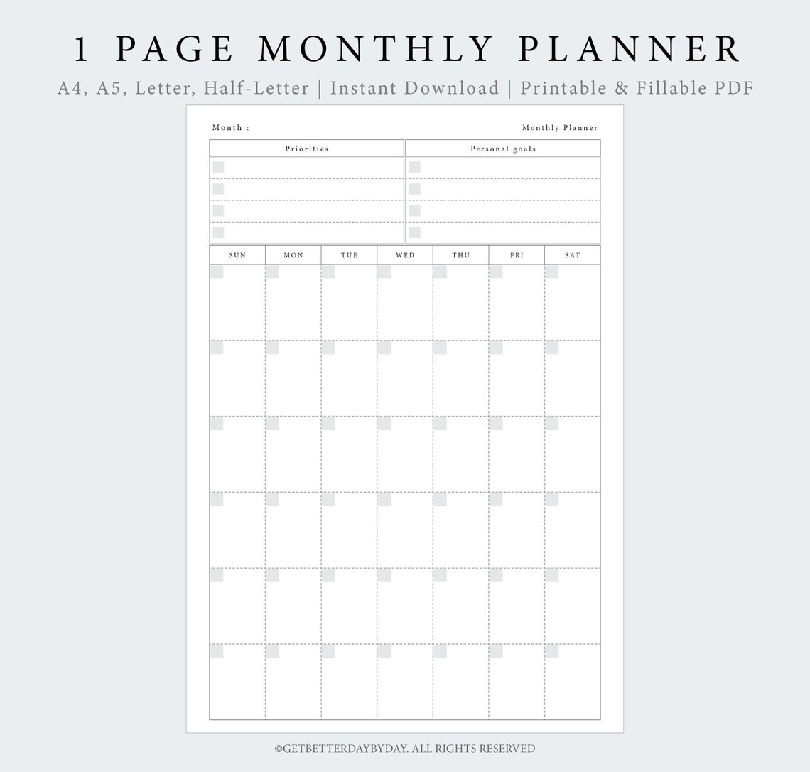 Monthly Printable Planner on 1 Page_fillable Pdf_instant Download_work ...