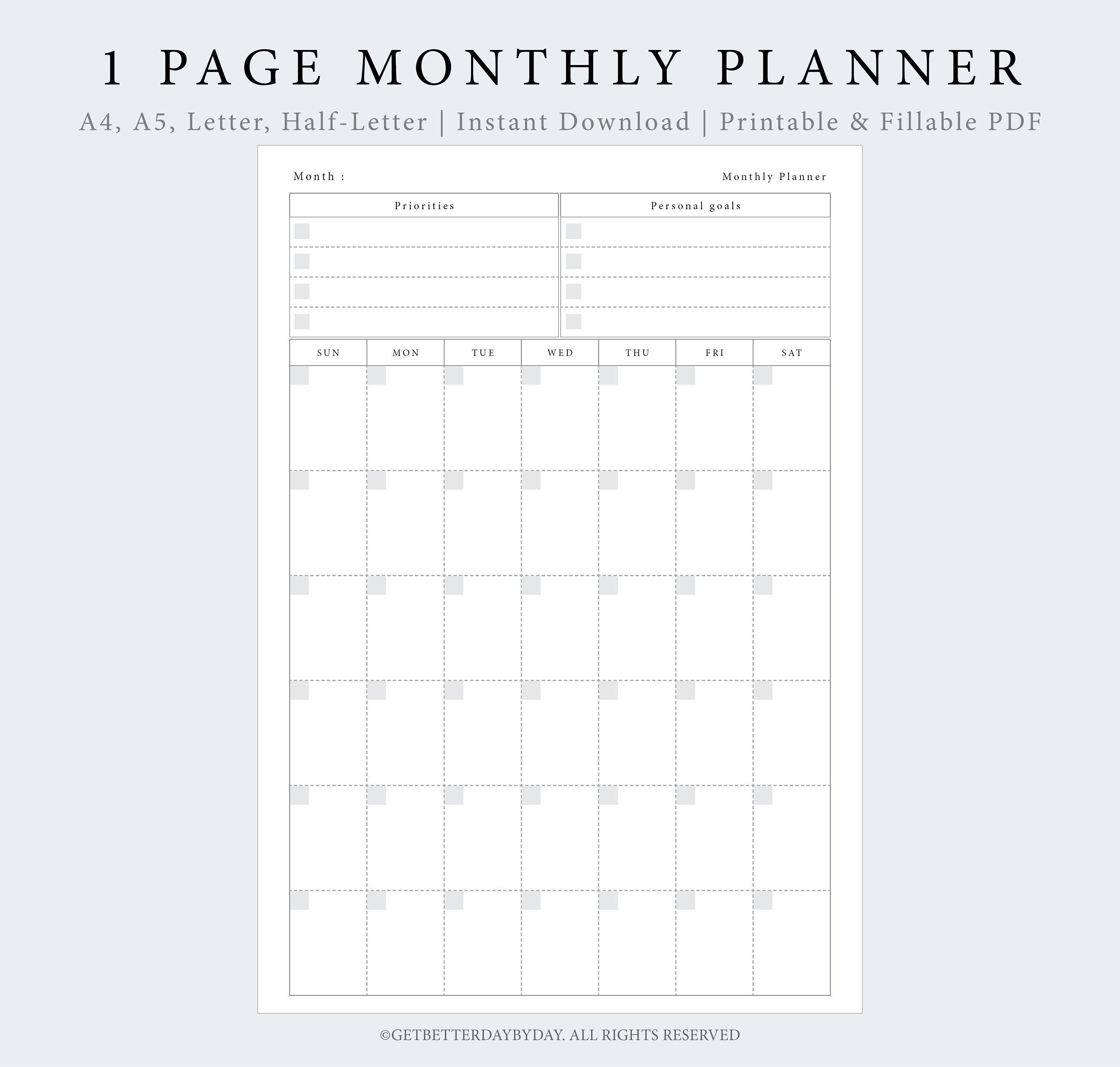 Monthly Printable Planner on 1 Page_fillable Pdf_instant Download_work ...