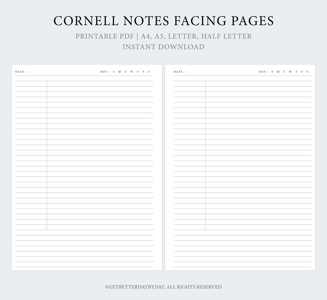 Printable Cornell Notes_facing Pages_line Note_printable Pdf_study Note ...