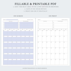 Monthly Printable Planner on 1 Page_fillable Pdf_instant Download_work ...
