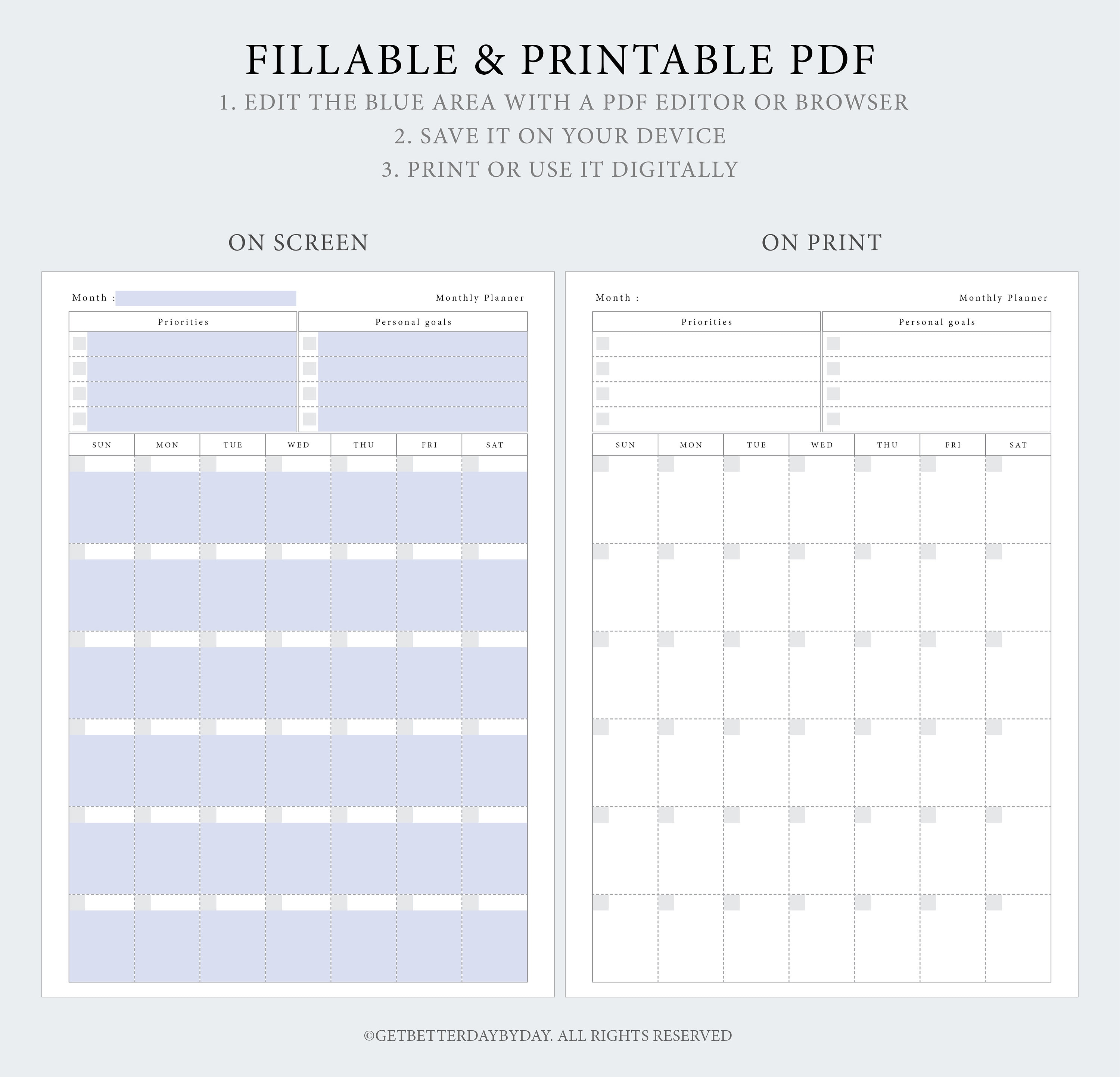Monthly Printable Planner on 1 Page_fillable Pdf_instant Download_work ...