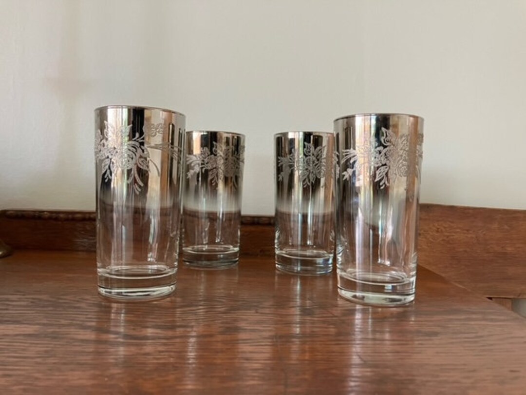 Set of Four Highball Glasses With Silver Ombre and Pressed Floral ...