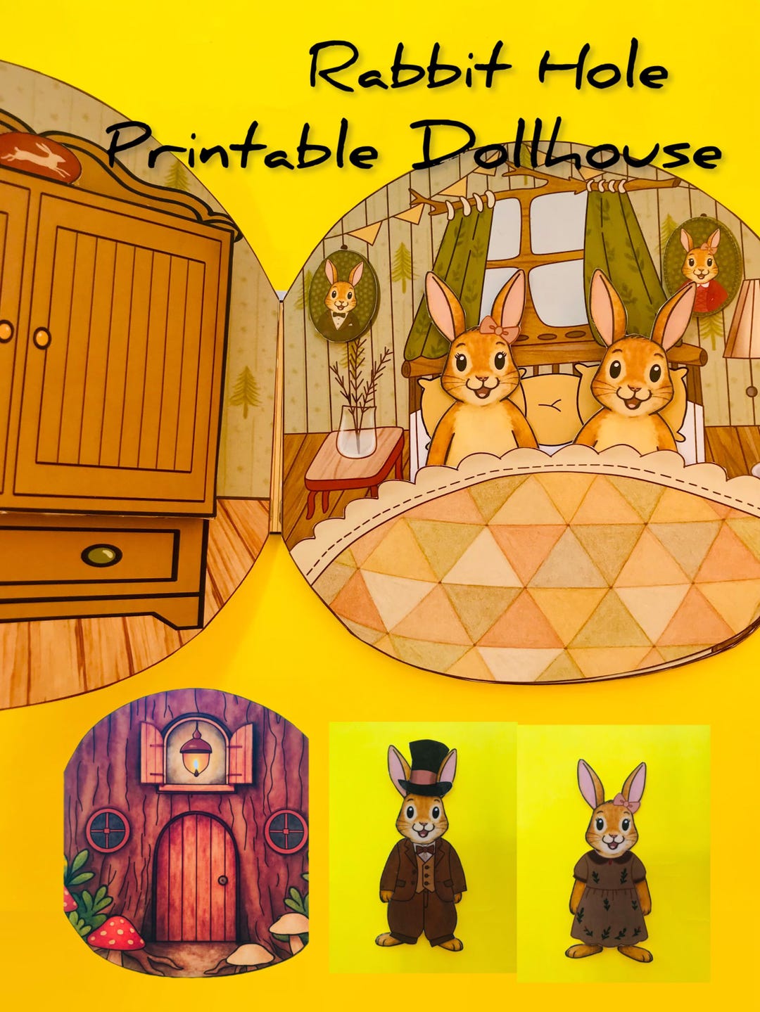 Rabbit Burrow Printable Dollhouse — Bunny Couple Paper House — DIY ...