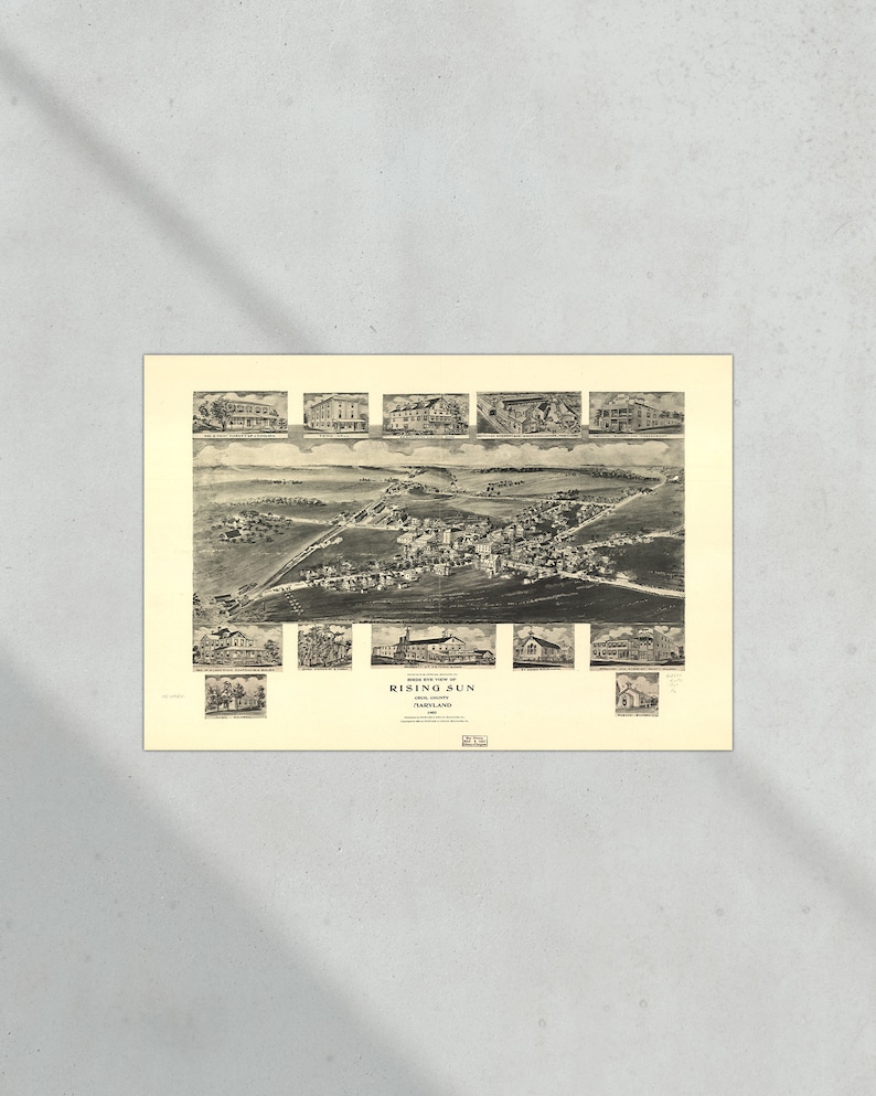 Vintage Map Birds Eye View of Rising Sun Cecil County Maryland 1907 ...