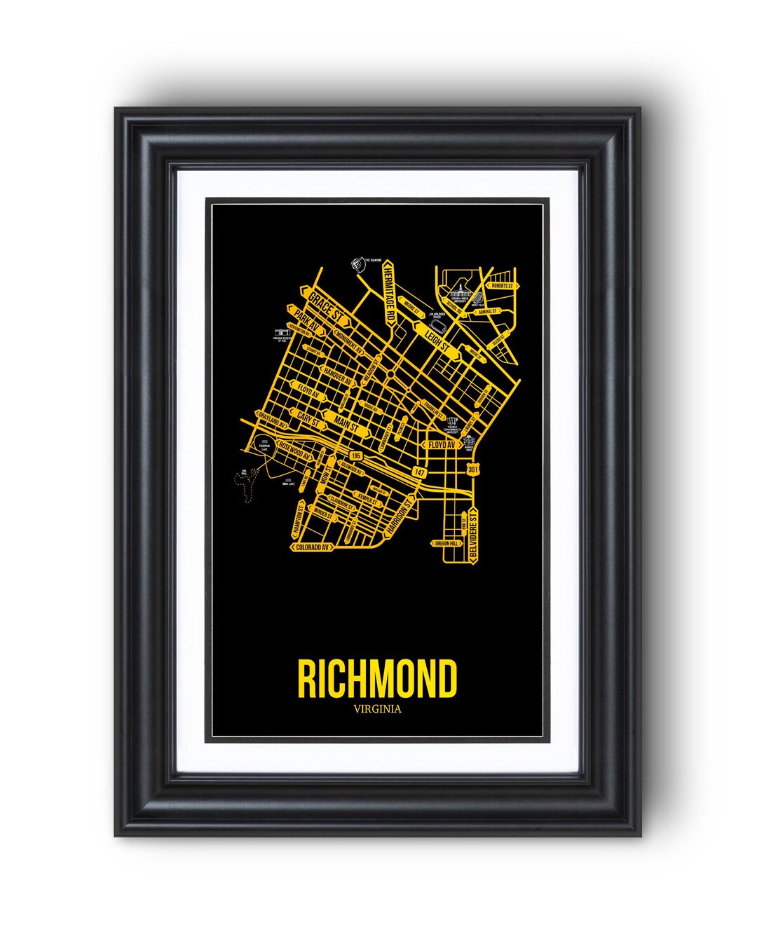 Richmond, Virginia Street Map – University Town Wall Art, Framed or ...