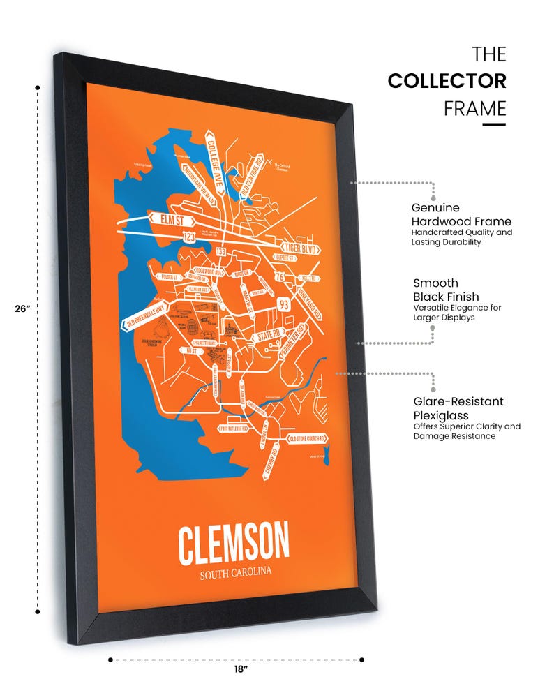 Clemson, South Carolina Street Map – University Town Wall Art, Framed ...