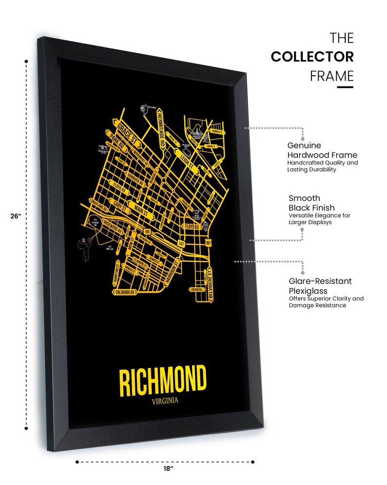 Richmond, Virginia Street Map – University Town Wall Art, Framed or ...