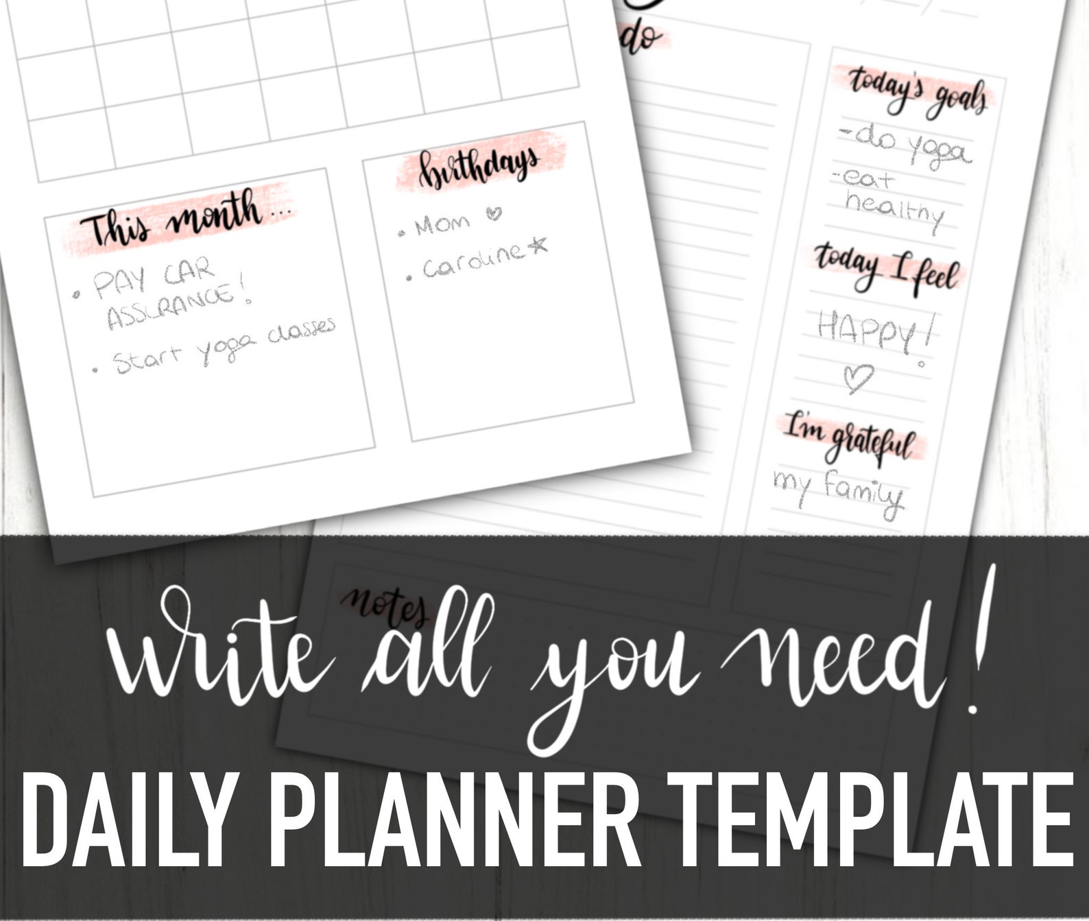 DAILY PLANNER Printables Handwritten Calligraphy Pastel | Etsy