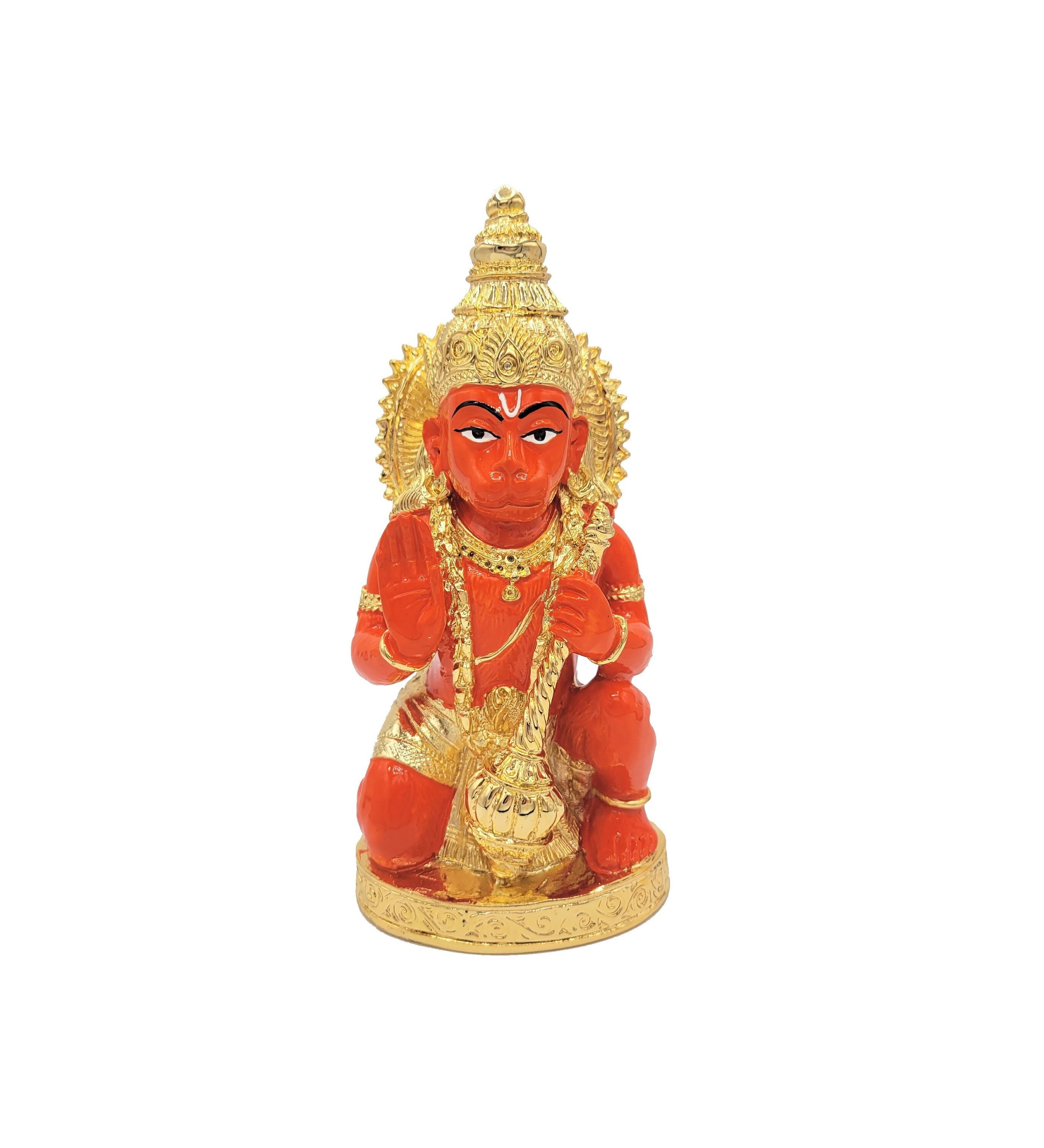 Orange Color Hanuman Statue 5.3 Hindu God of Strength Gold Plated Resin ...