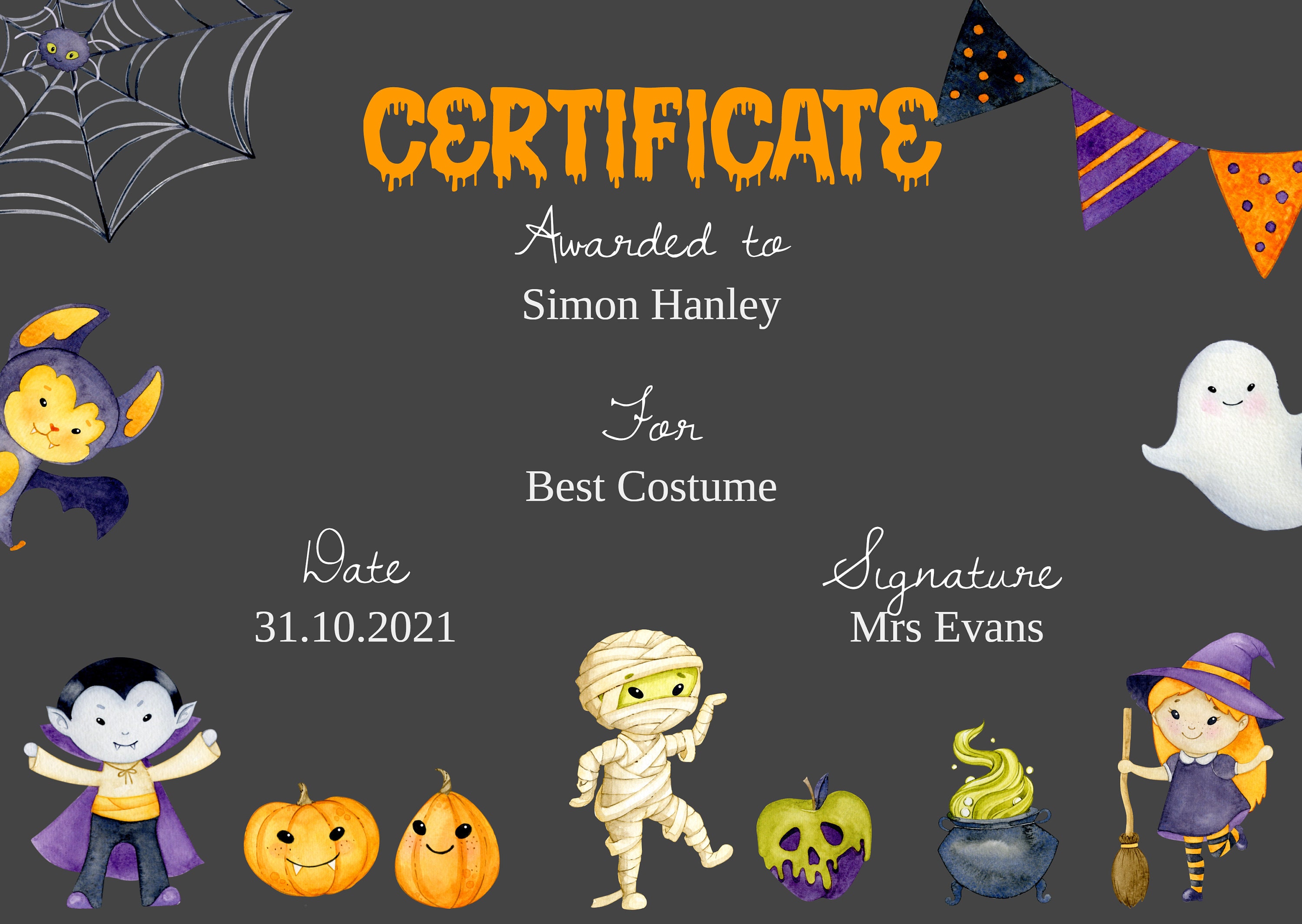 Editable Halloween Kids Certificate Halloween Best Costume - Etsy