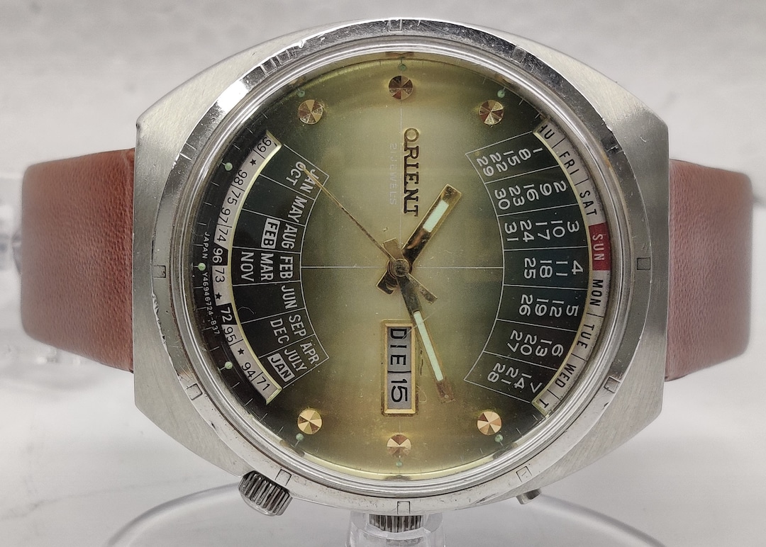 Vintage Orient Calendar Watch, Self Winding 21 Jewels, Leather Band ...