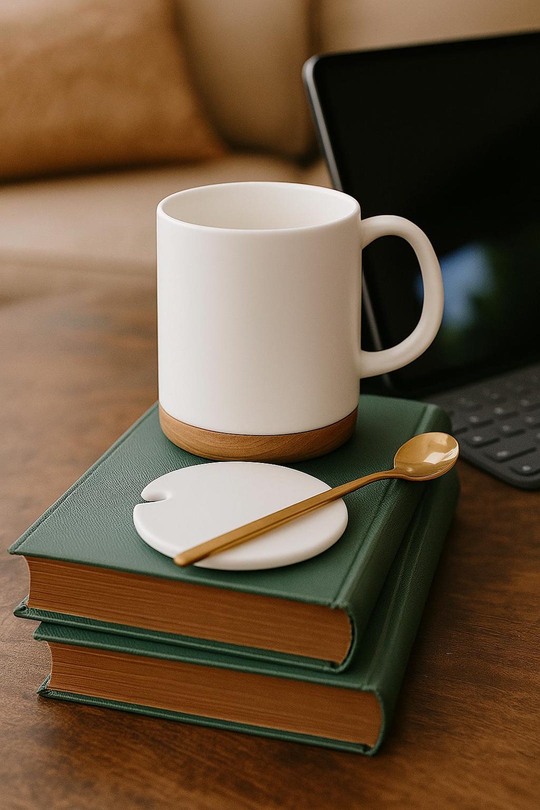 Handmade Ceramic Mug Set: Wooden Coaster, Lid & Gold Spoon - Etsy