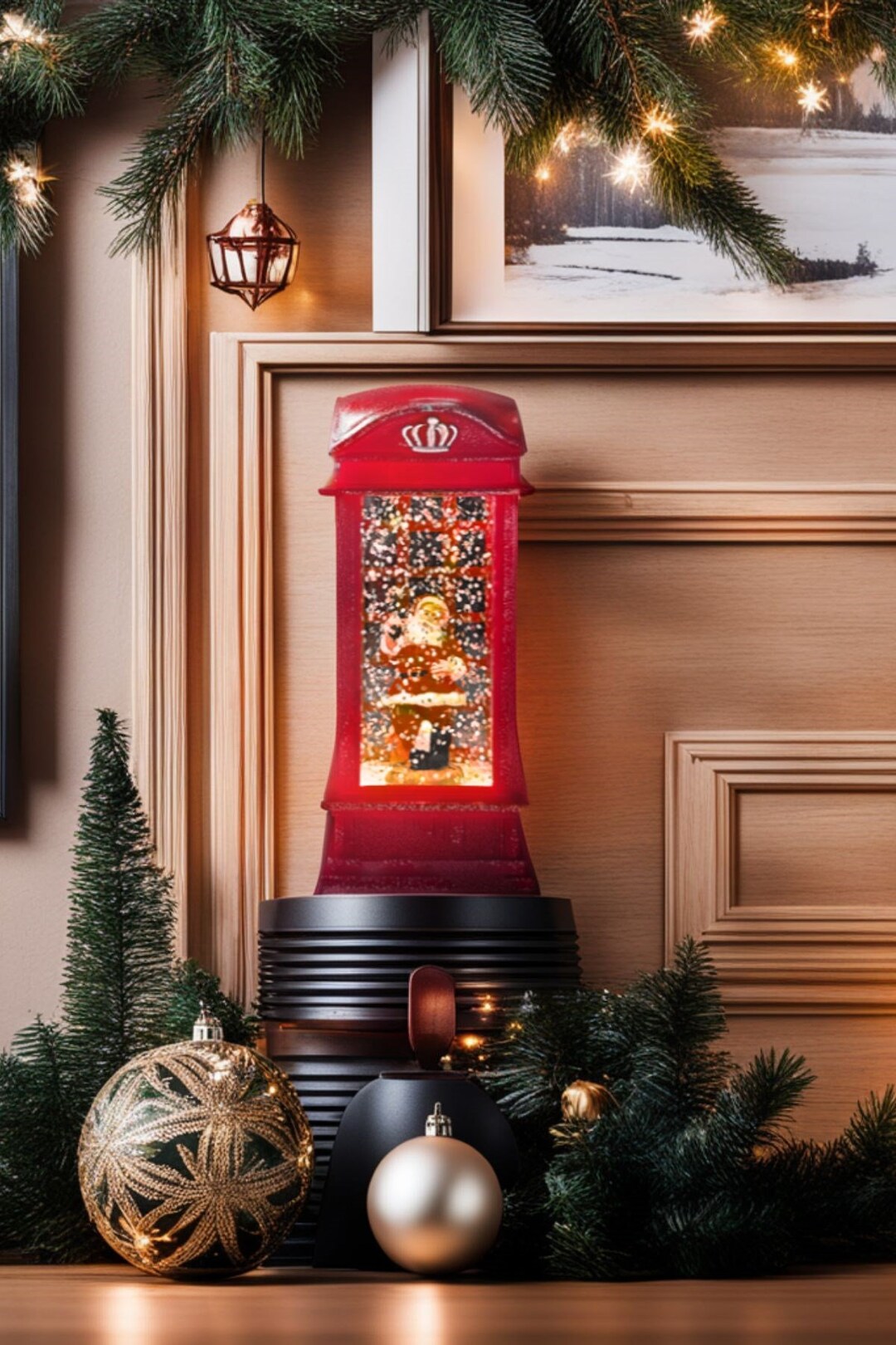 Red Telephone Booth Snow Globe With Santa 14cm LED Lighted Christmas ...