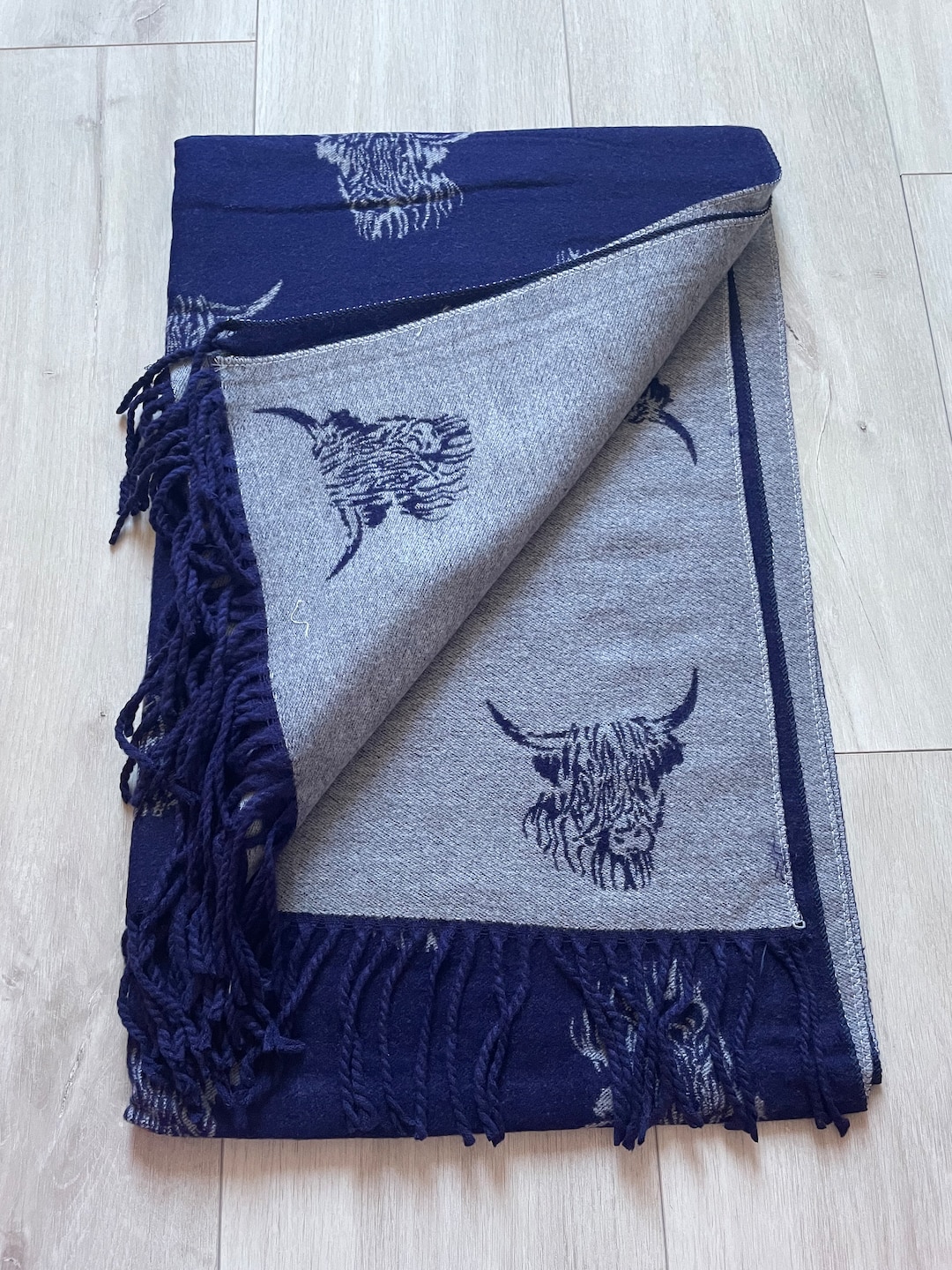 House of Tweed Soft Highland Cow Scarf/wrap With Fringe Blue/grey - Etsy