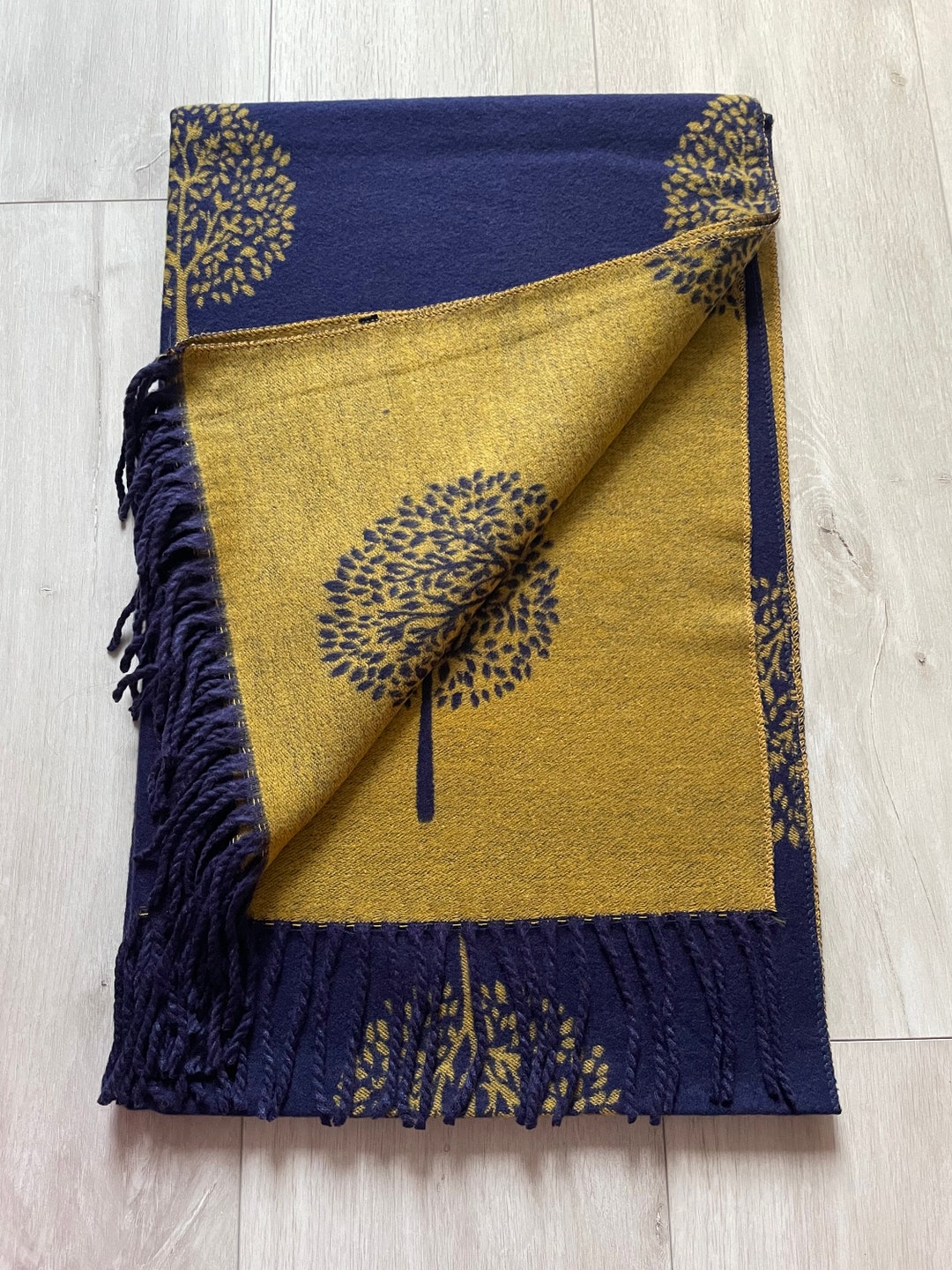 Soft Thick Reversible Tree of Life Scarf/wrap With Fringed Hem- Navy ...