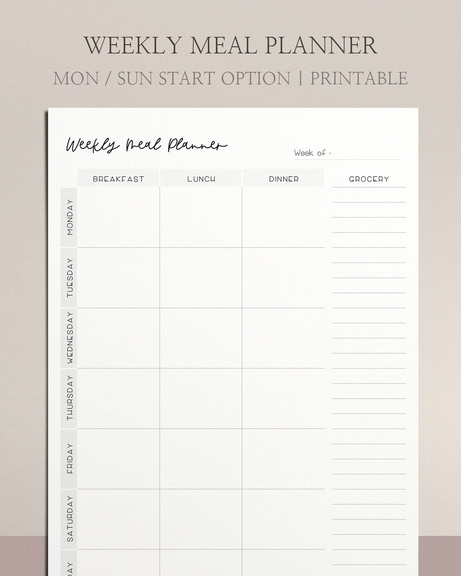 Printable Meal Plan With Grocery List Weekly Meal Planner Food Planner ...