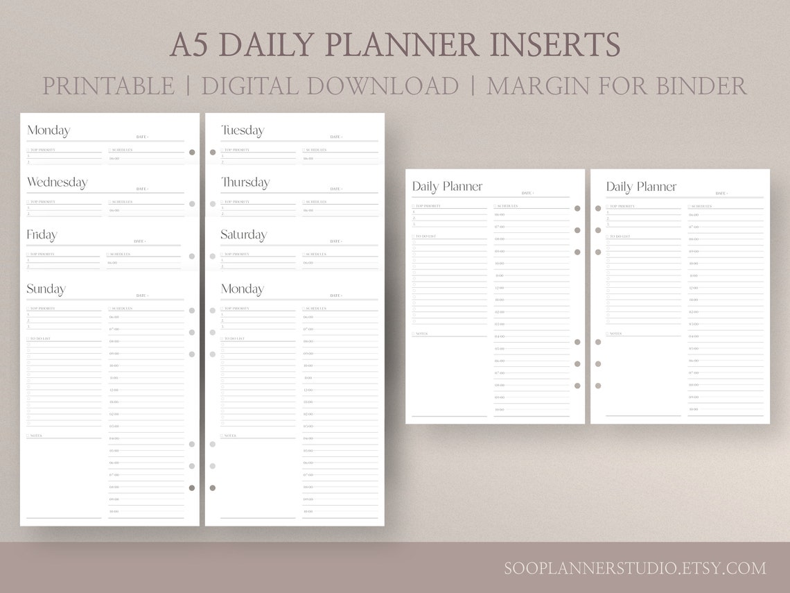 Printable A5 Planner Inserts Bundle Minimalist Daily Planner Pdf ...