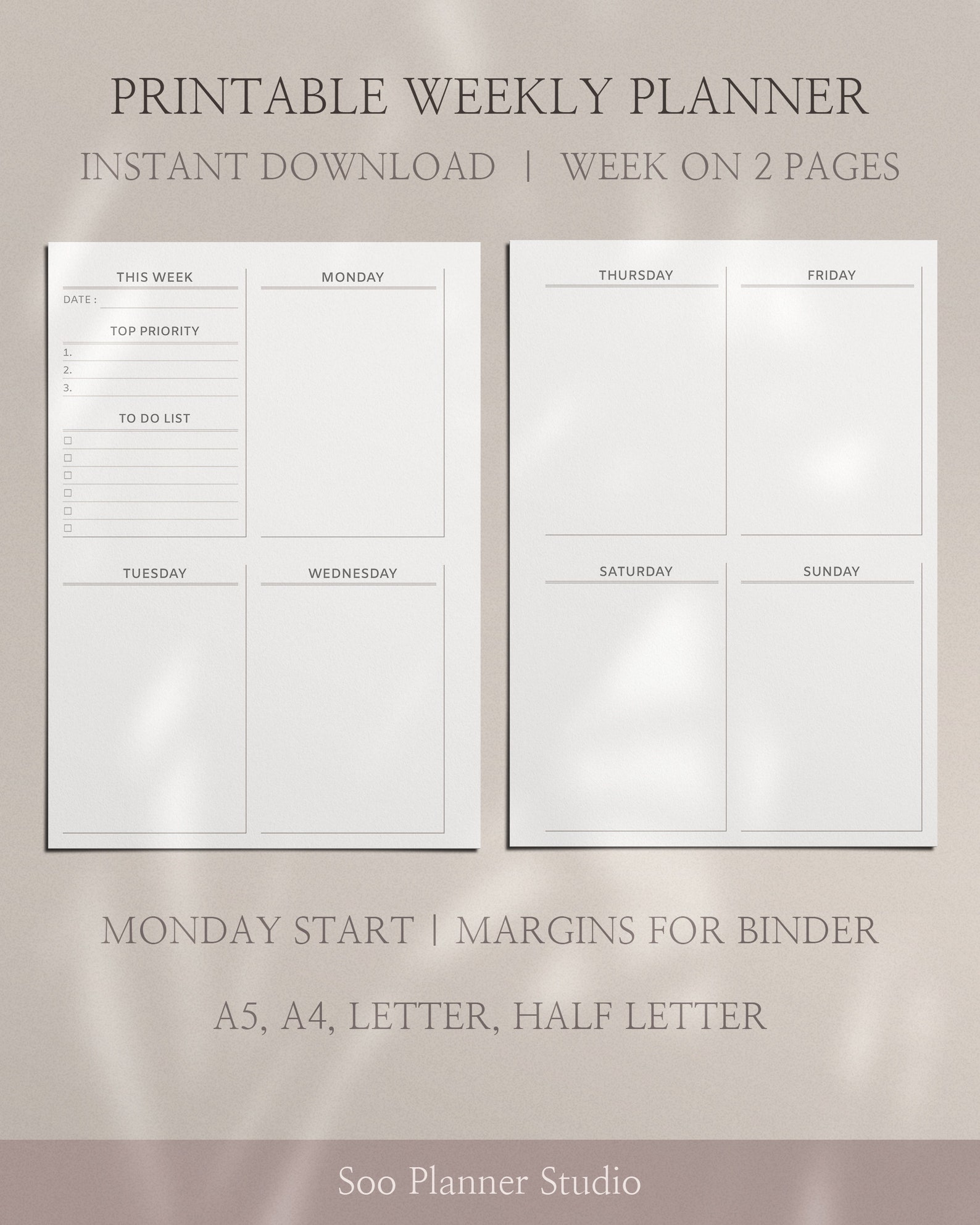 Minimalist Weekly Planner Printable Week at a Glance Planner - Etsy