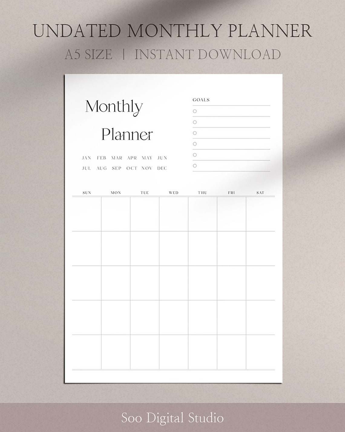 A5 Monthly Planner Printable Undated Monthly Calendar Pdf, Digital ...